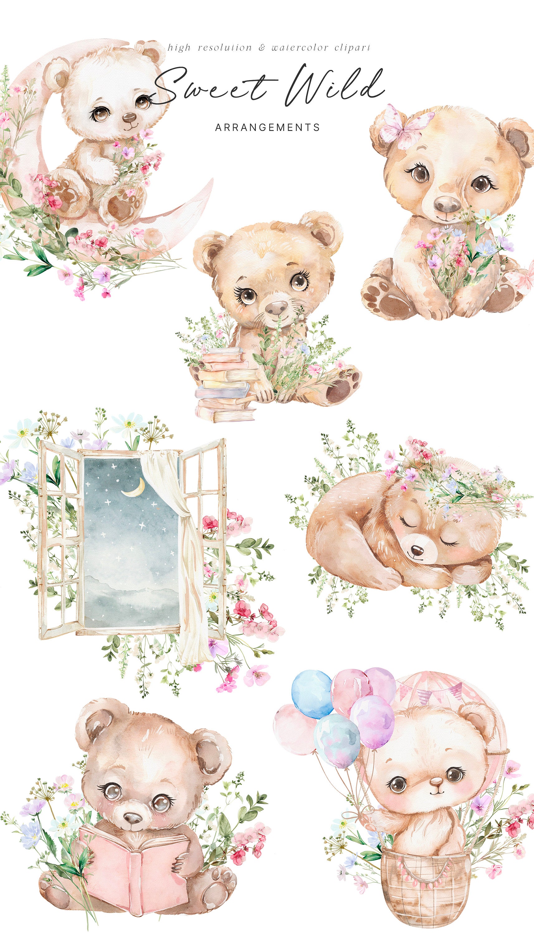 Bears & Wildflowers Clipart Bear Clipart Pastel Clipart Bear Clipart ...