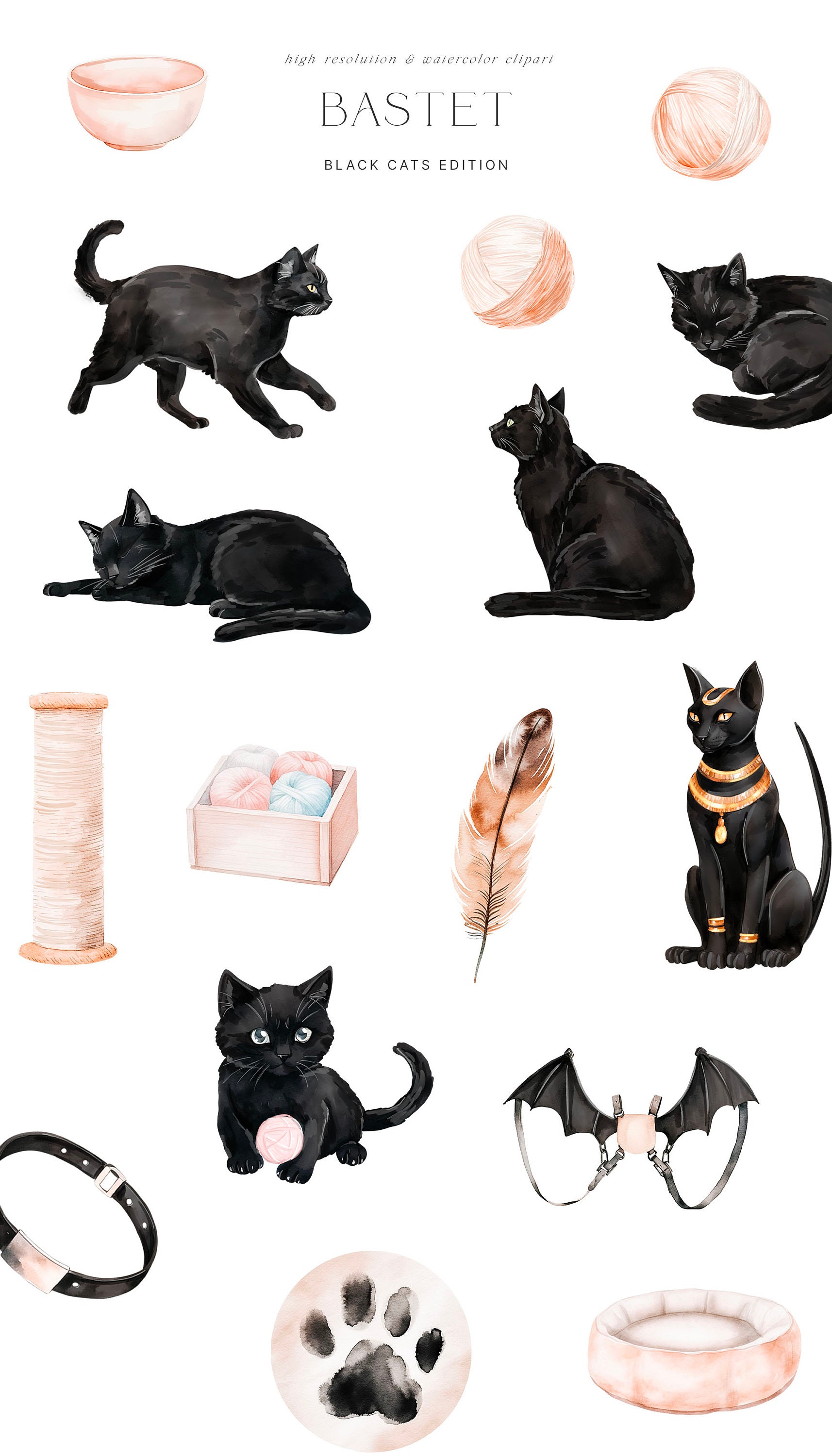 Black Cats Clipart Set Watercolor Black Cats Watercolor Cats Cats ...