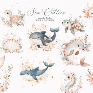 Watercolor Sea Creatures Clipart Set - Floral Sea Animals - Cute Sea ...