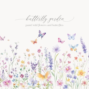 Watercolor Wild Flowers and Butterflies Clipart - Pastel Spring Flowers ...