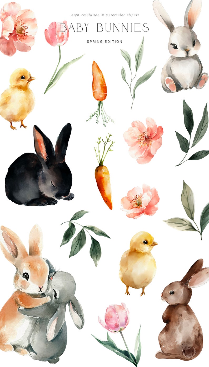 Watercolor Baby Bunnies Clipart Set Spring Bunnies Spring Florals ...