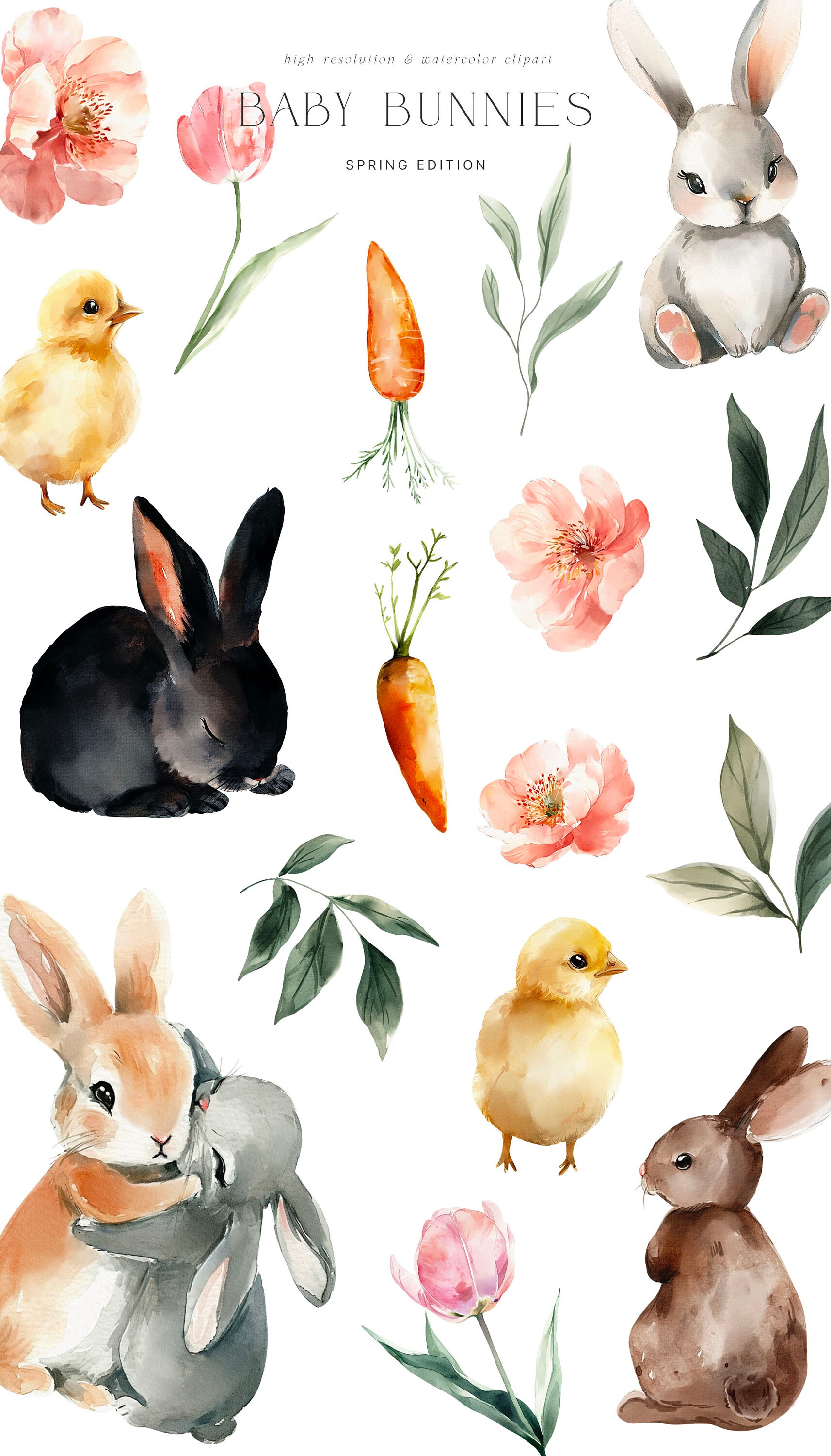 Watercolor Baby Bunnies Clipart Set Spring Bunnies Spring Florals ...