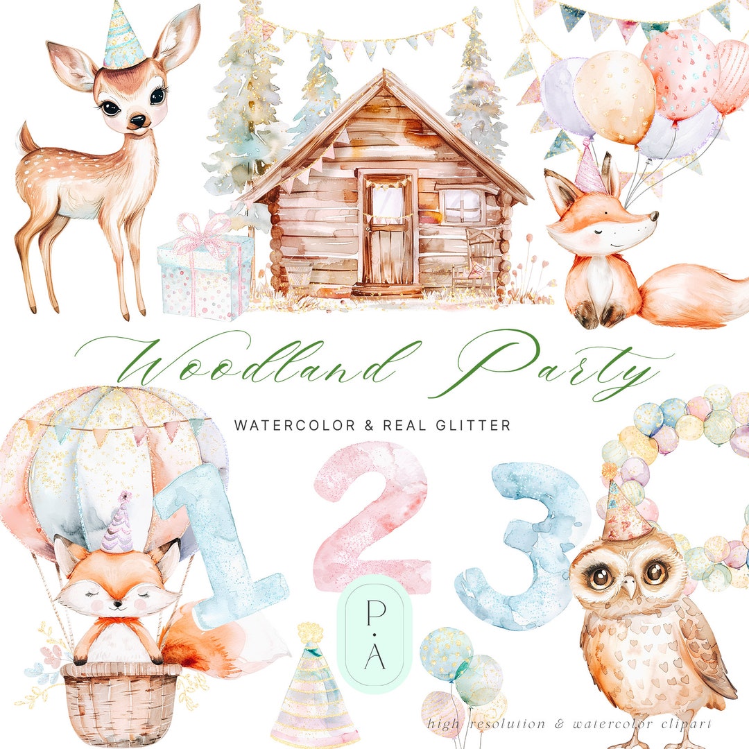 Woodland Party Watercolor Clipart - Party Animals - Woodland Animals ...