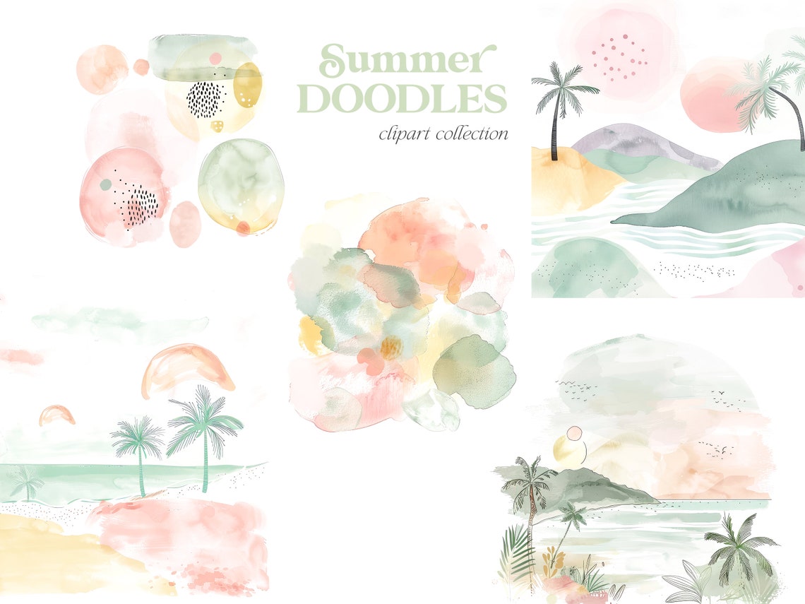 Watercolor Summer Doodle Clipart Set - Summer Collection of Elements ...