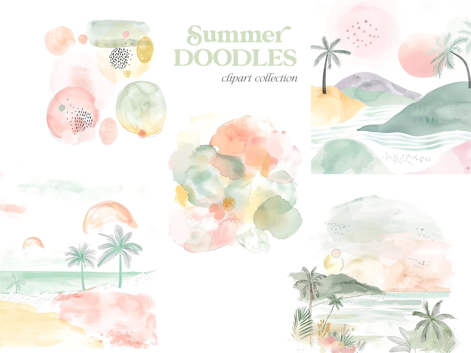 Watercolor Summer Doodle Clipart Set - Summer Collection of Elements ...