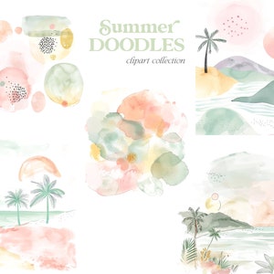 Watercolor Summer Doodle Clipart Set - Summer Collection of Elements ...