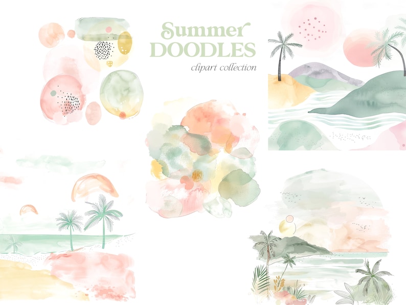 Watercolor Summer Doodle Clipart Set Summer Collection of Elements ...