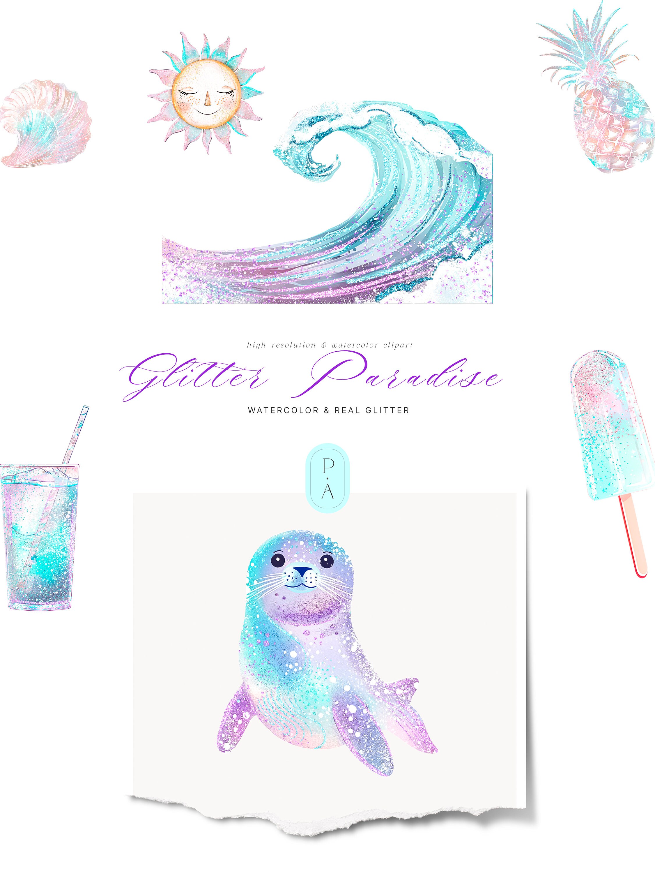 Glittery Sea Creatures Watercolor Clipart - Ocean Clipart - Clipart for ...