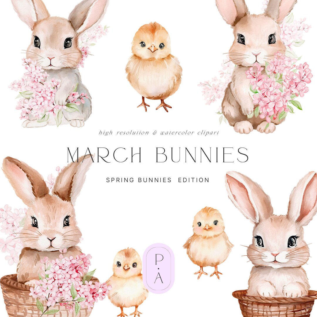 Spring Floral Bunnies Clipart - Spring Bunnies Watercolor - Floral ...