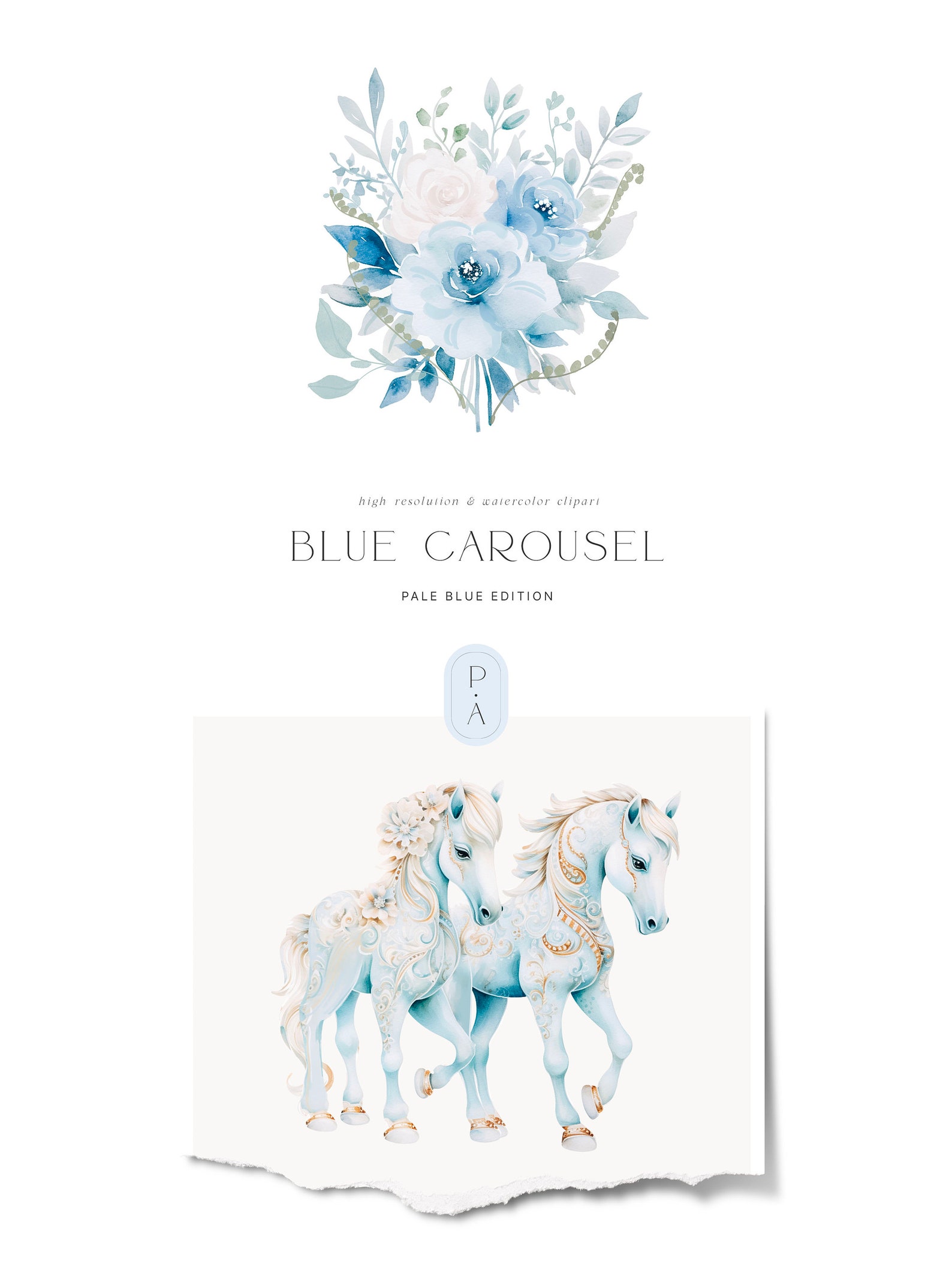 Watercolor Blue Carousel Clipart - Pony Clipart - Pale Blue - Carousel ...