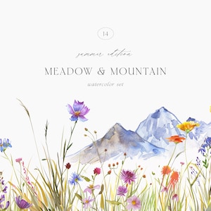 Watercolor Summer Wild Flowers and Mountains - Meadow - Summer Clipart ...