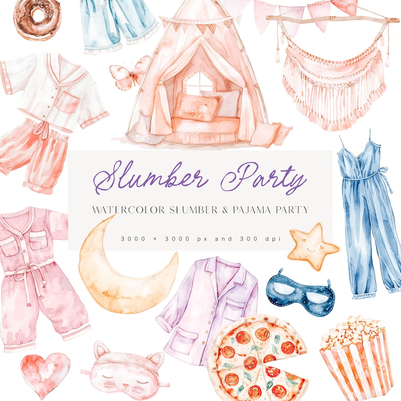 Slumber Party Clipart Set Pajama Party Clipart Watercolor Party Clipart ...