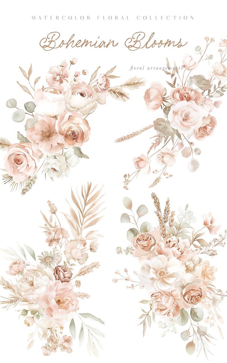 Bohemian Floral Bouquets Watercolor Clipart Watercolor Boho Florals ...
