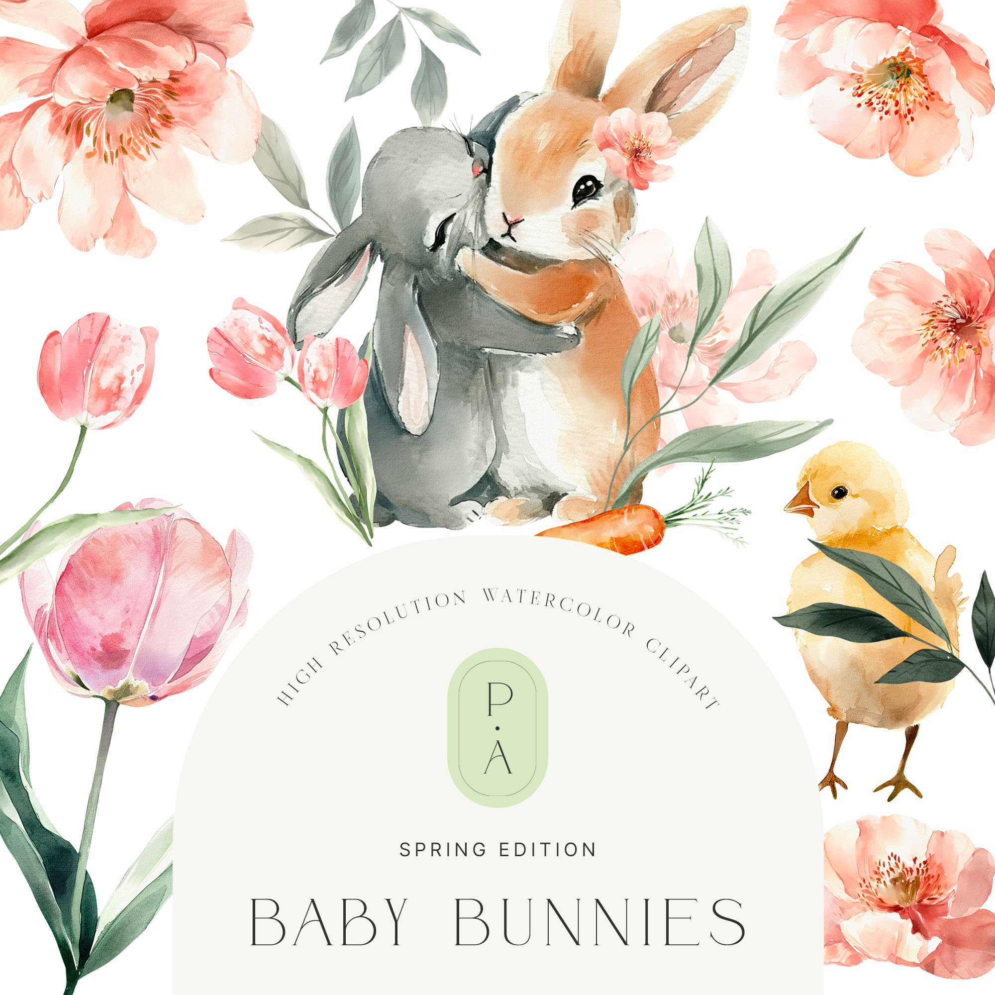 Watercolor Baby Bunnies Clipart Set Spring Bunnies Spring Florals ...