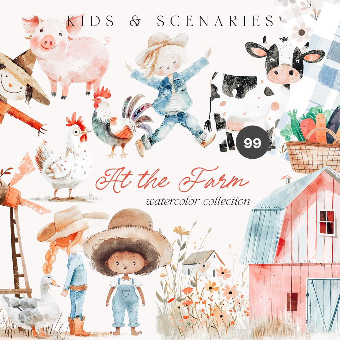 Cute Farm Kids Clipart - Farm Animals Clipart - Watercolor Farm ...