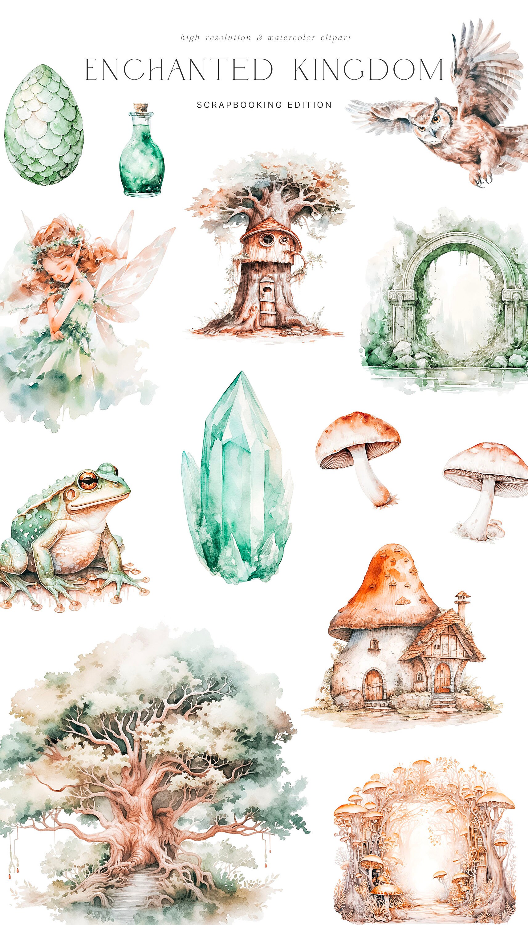 Watercolor Fantasy Clipart Set Enchanted Forest Kingdom Clipart Animals ...
