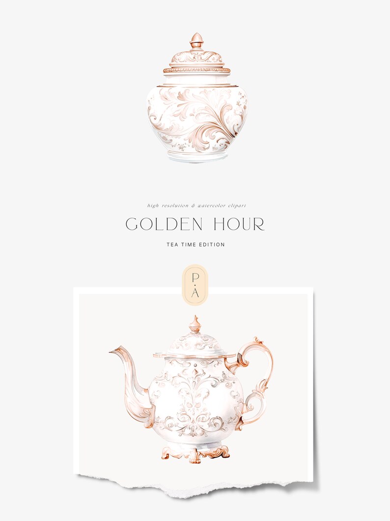 White Tea Time Clipart Watercolor Clipart Watercolor Tea Set Gold and ...