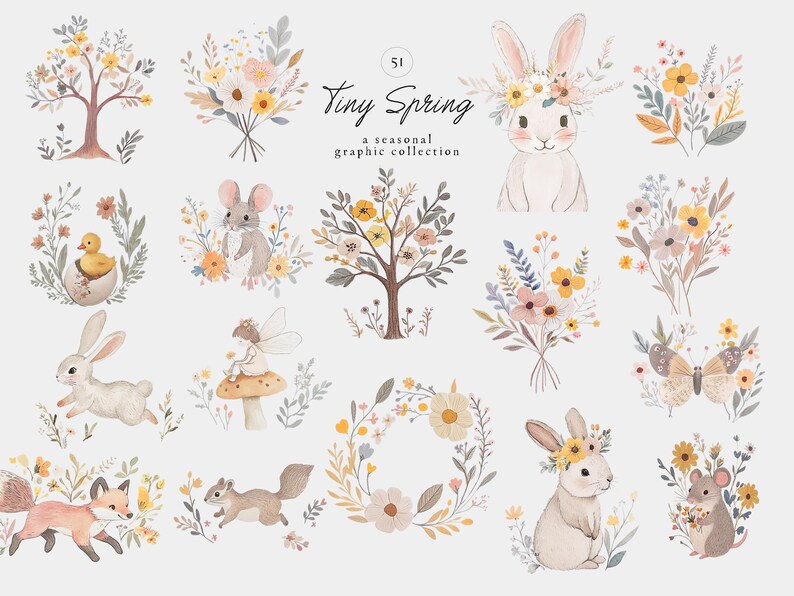 Watercolor Cute Spring Bunnies and Animals Clipart - Tiny Spring ...