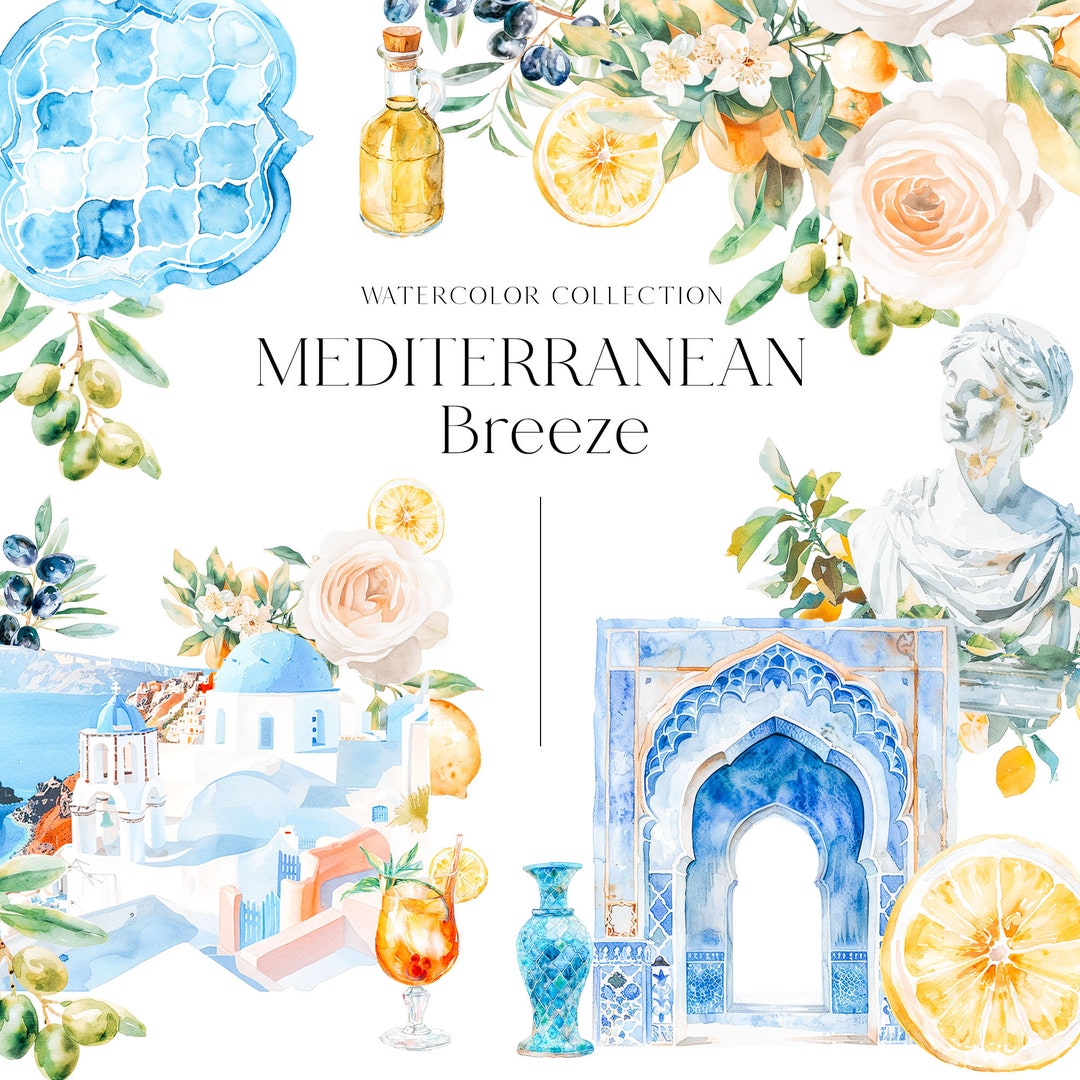 Mediterranean Watercolor Clipart - Mediterranean Tiles & Frames - Lemon ...