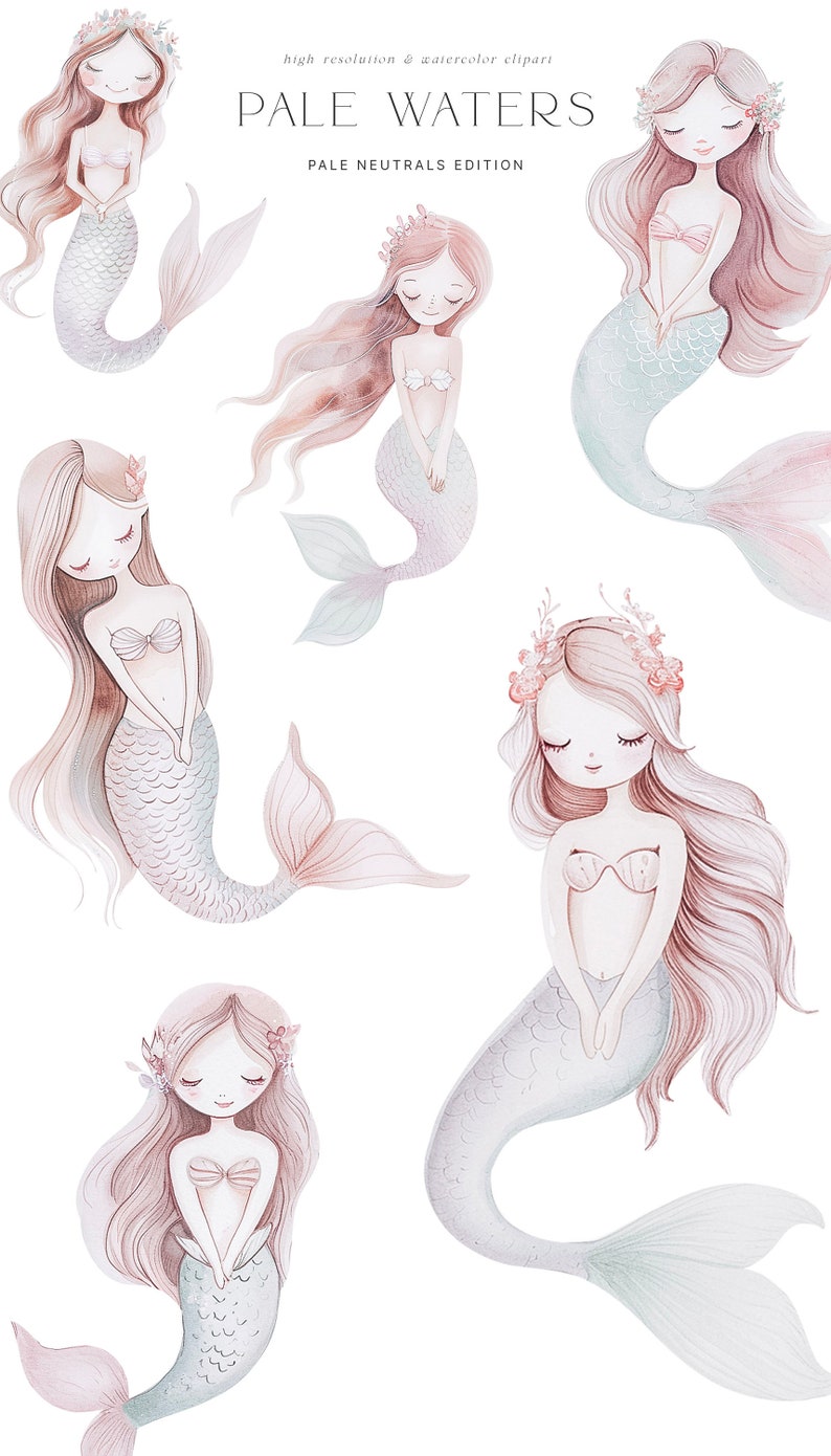 Soft Mermaids Watercolor Clipart Mermaid Clipart Set Ocean Clipart Sea ...