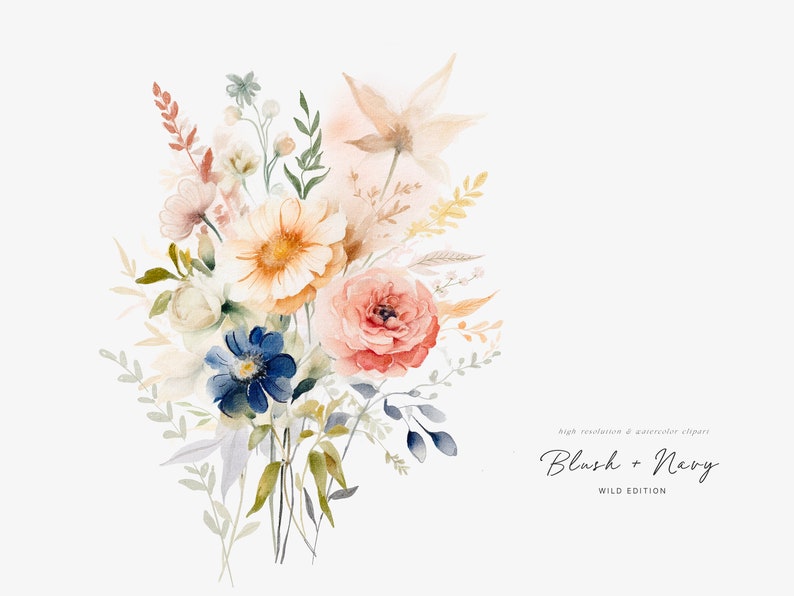 Blush Navy Floral Clipart Watercolor Flowers Blush Flowers Navy Flowers ...