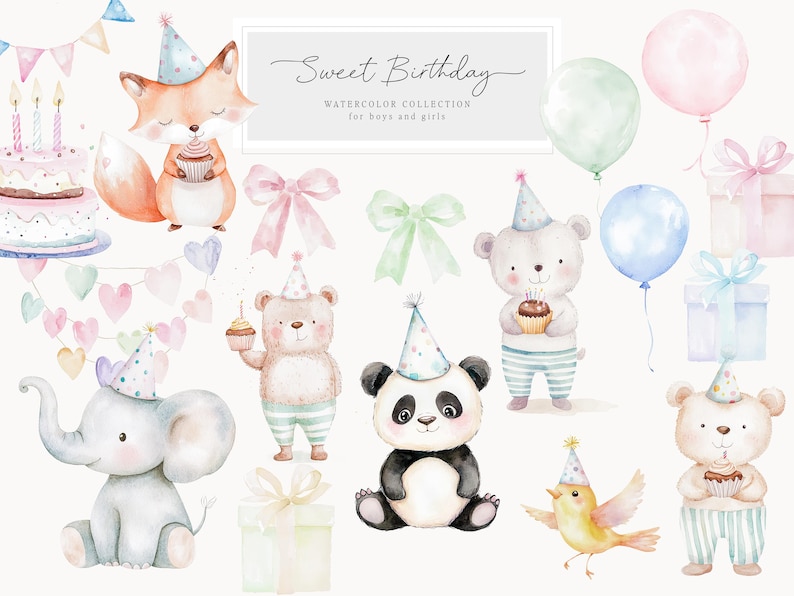 Watercolor Cute Birthday Clipart Collection With Cute Watercolor ...