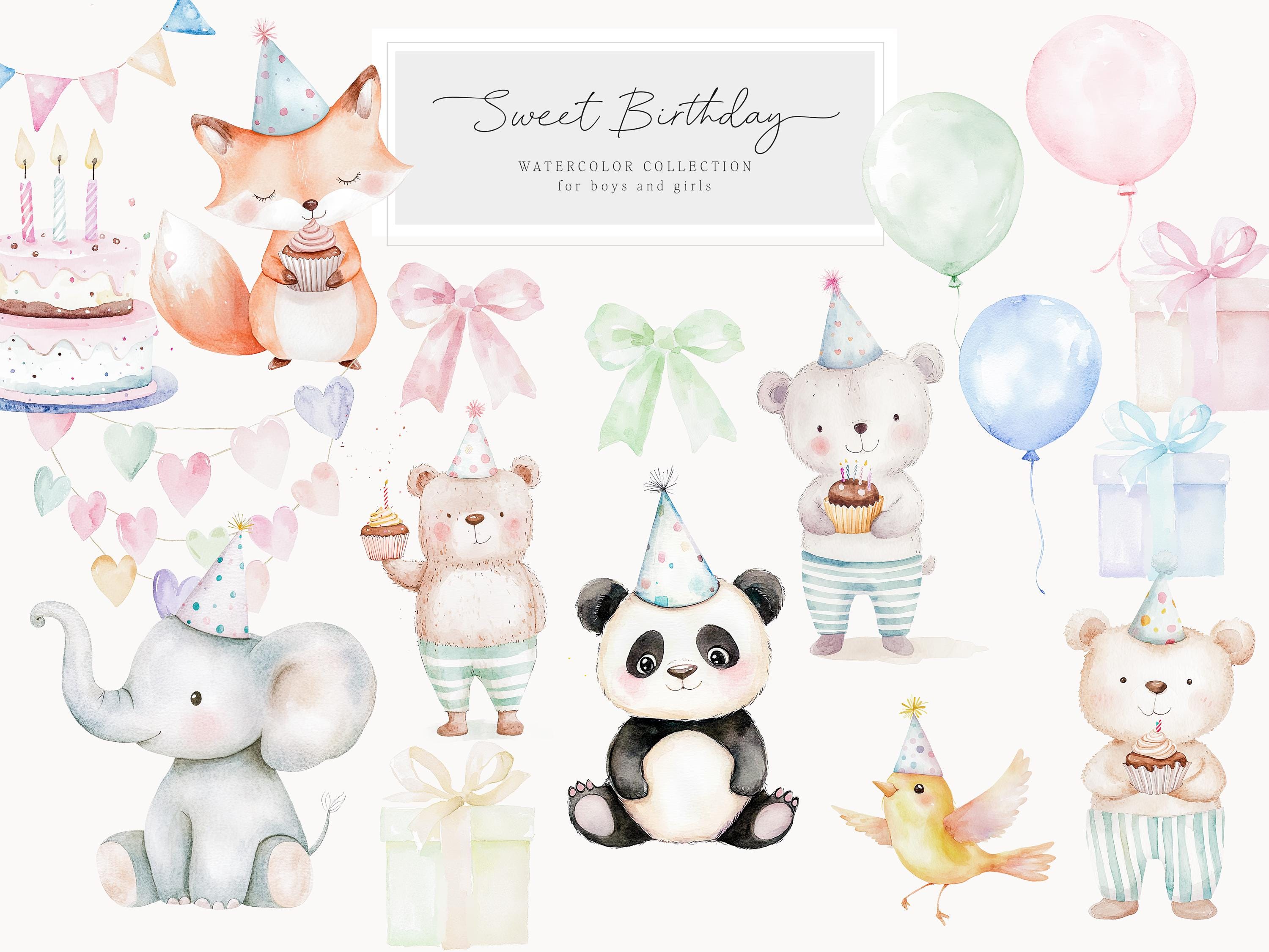 Watercolor Cute Birthday Clipart Collection With Cute Watercolor ...