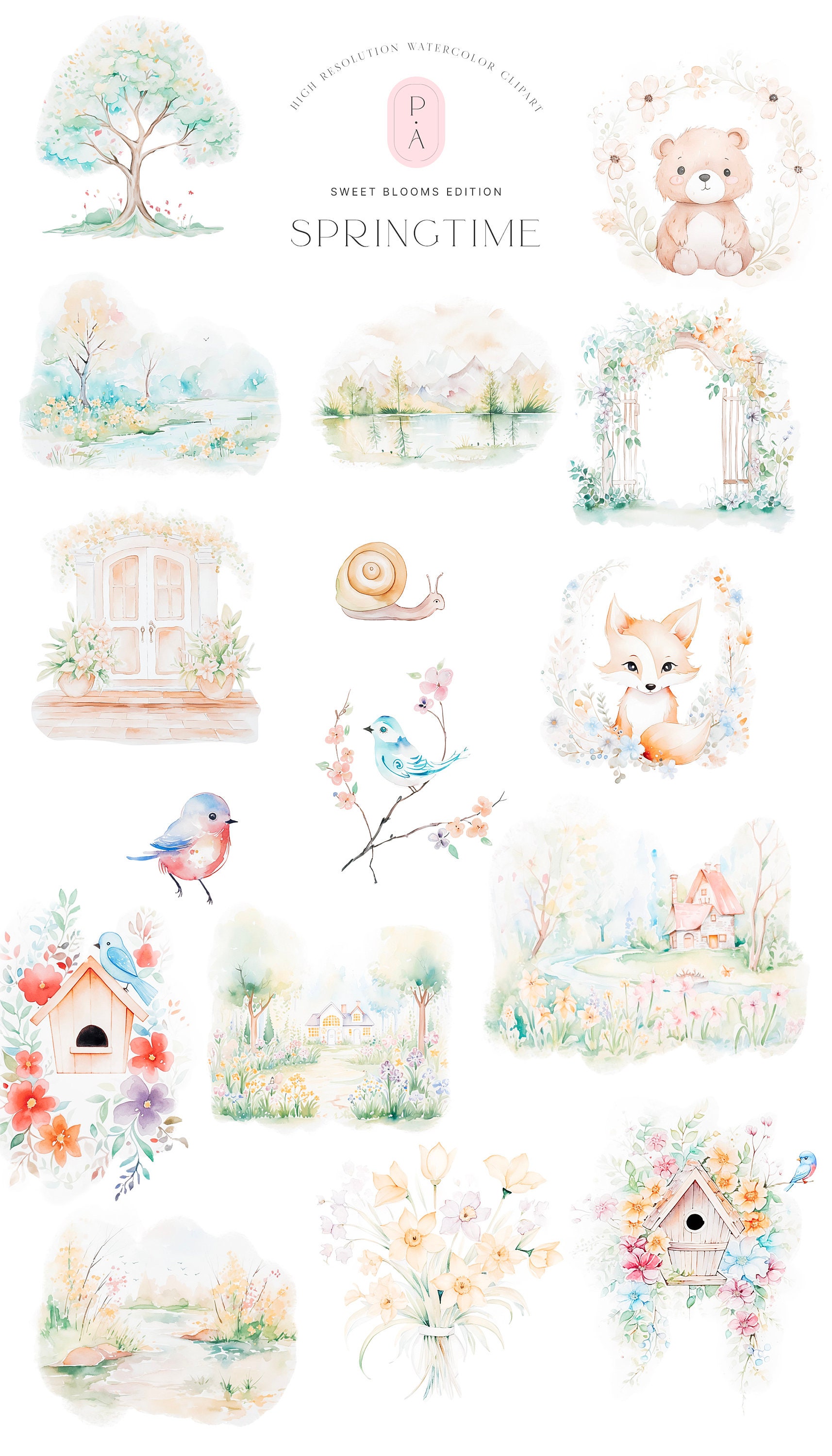 Spring Watercolor Clipart - Spring Landscapes - Cute Spring Animals ...
