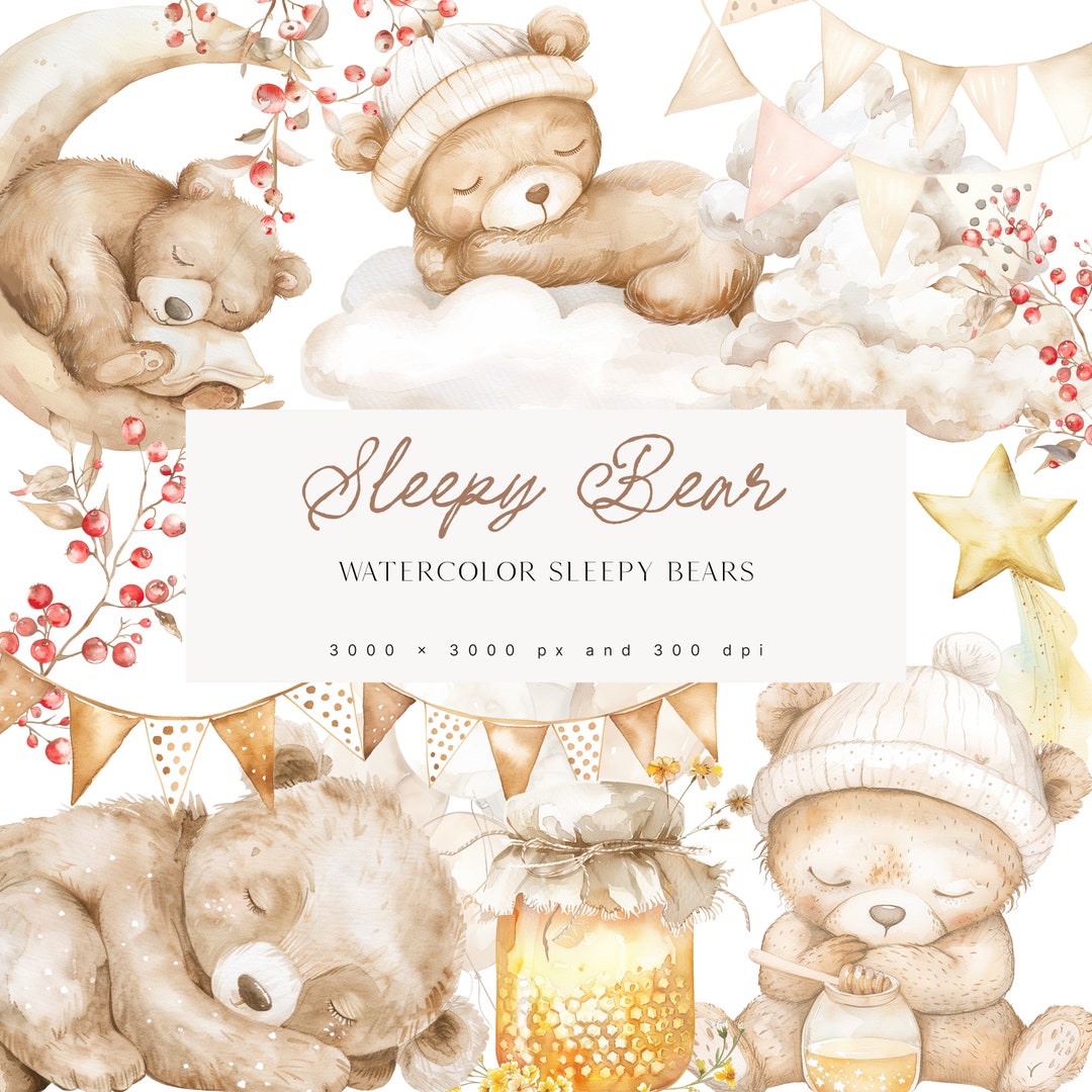 Neutral Sleepy Bear Clipart - Watercolor Teddy Bears - Sleepy Bears ...