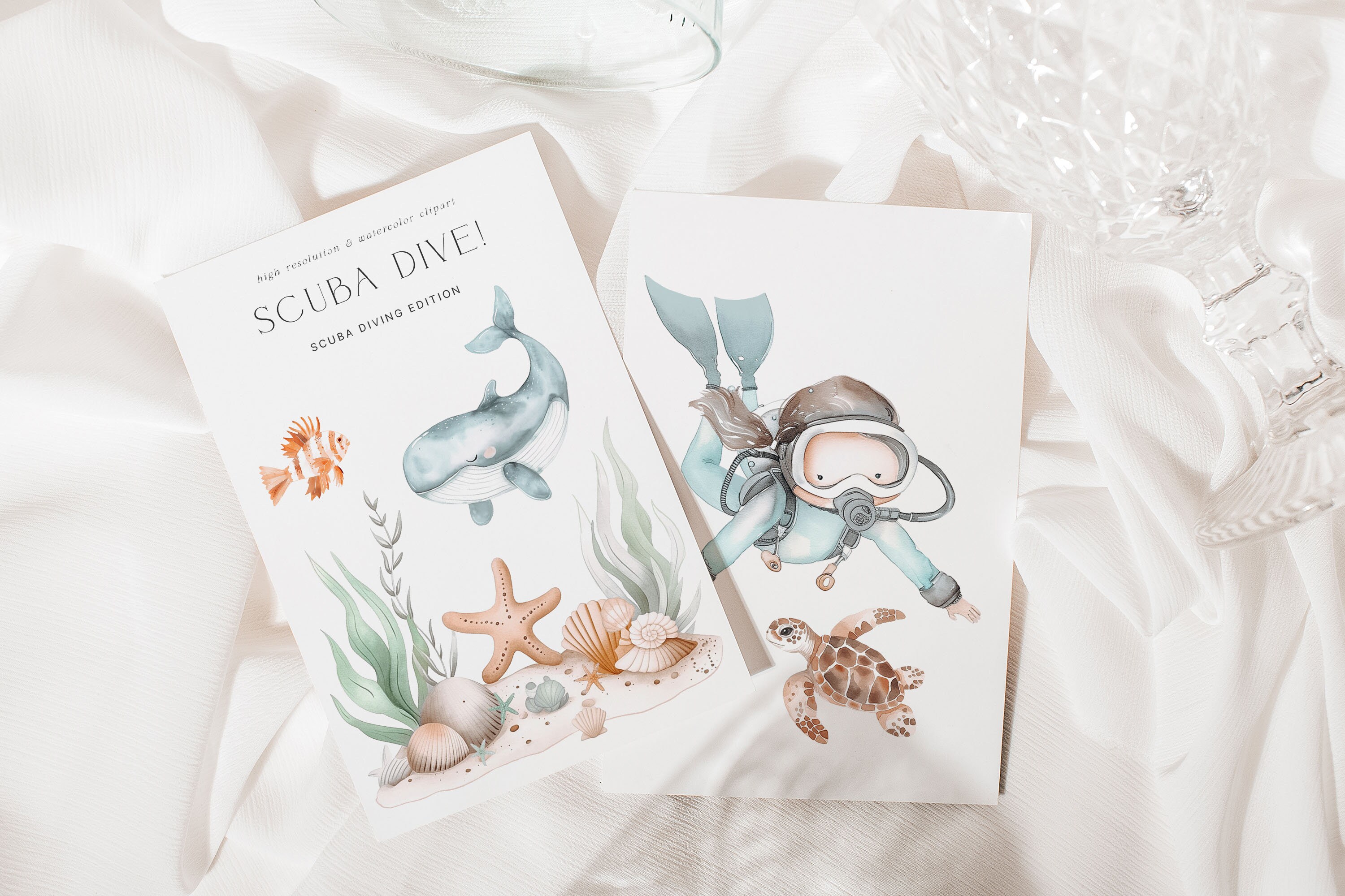 Cute Scuba Diving Watercolor Clipart - Scuba Dive Clipart - Underwater ...