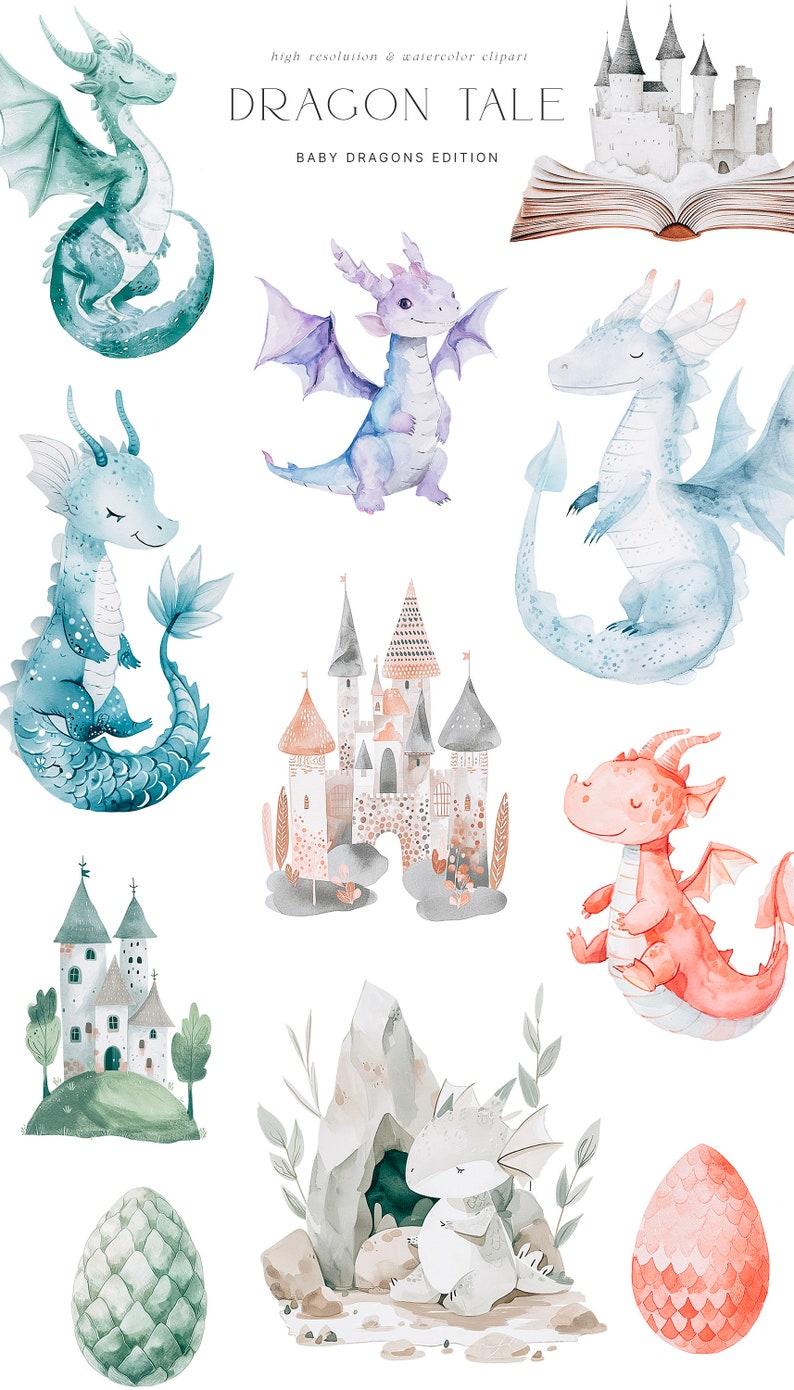 Watercolor Baby Dragon Clipart Watercolor Fantasy Kingdom Clipart Cute ...
