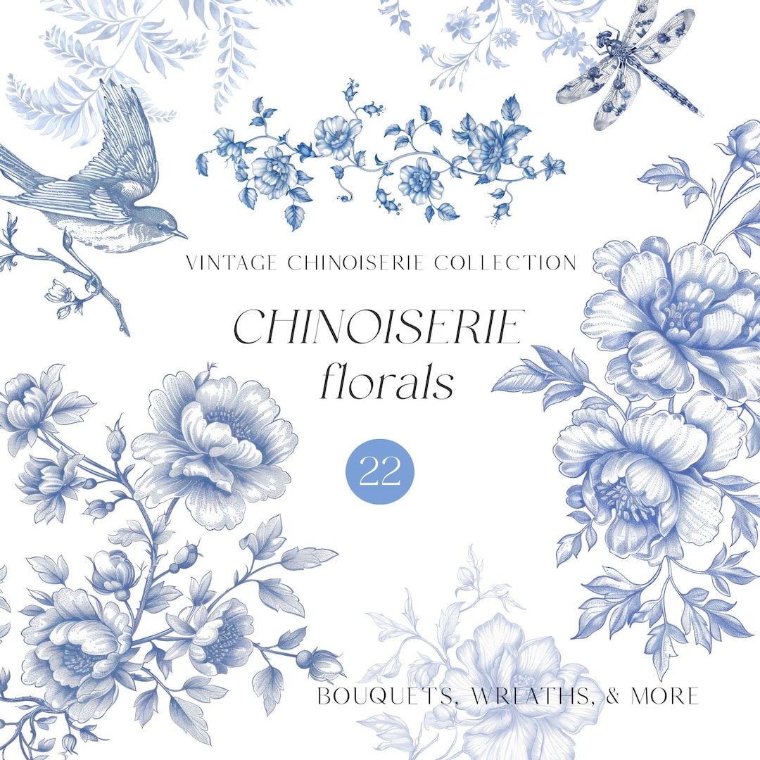 Chinoiserie Floral Clipart - Vintage Floral Clipart - Chinoiserie Clipart - Vintage Clipart ...