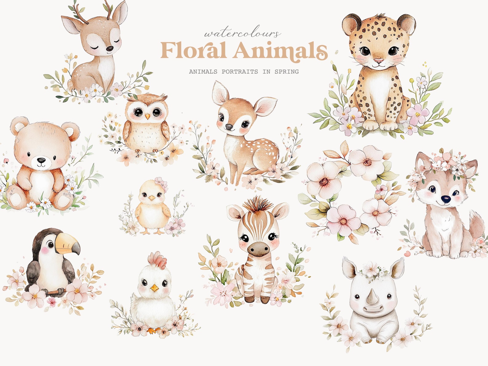 Watercolor Animals Portraits With Flowers - Spring Animals With Flowers ...