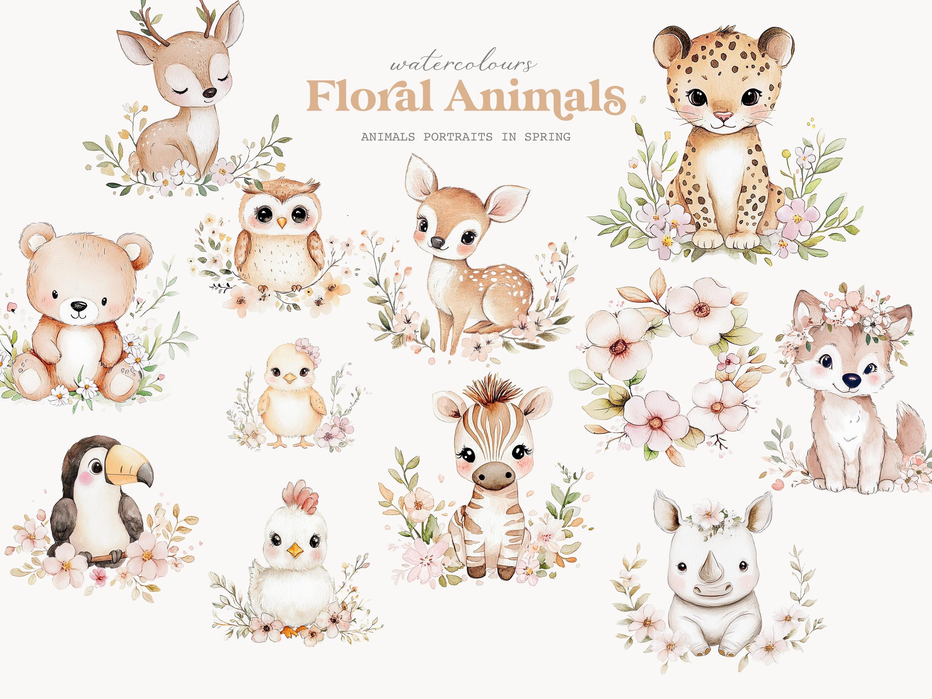Watercolor Animals Portraits With Flowers - Spring Animals With Flowers ...