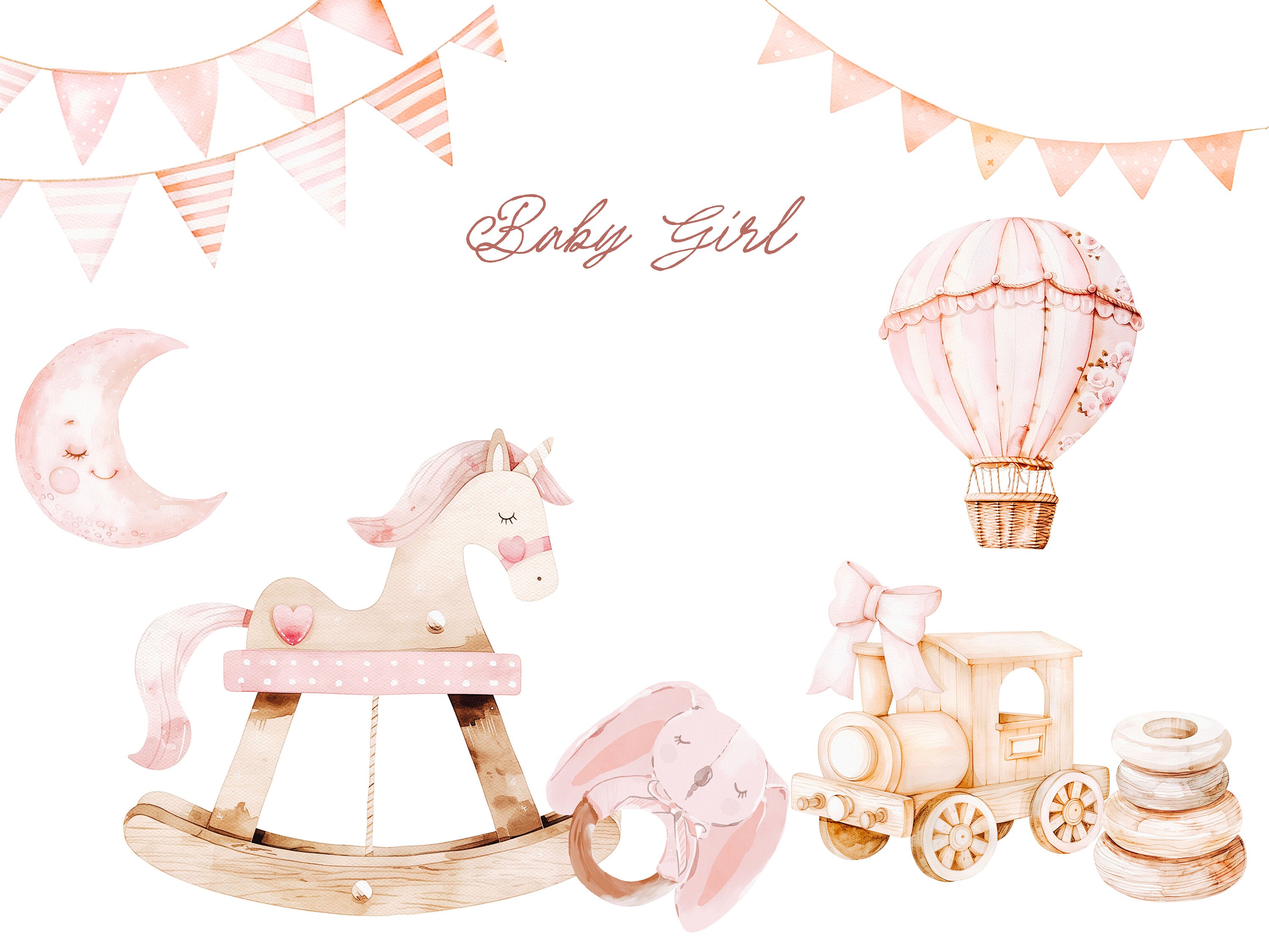 Pink Baby Toys Clipart Watercolor Baby Toys Pink Baby Clipart Boho Baby ...