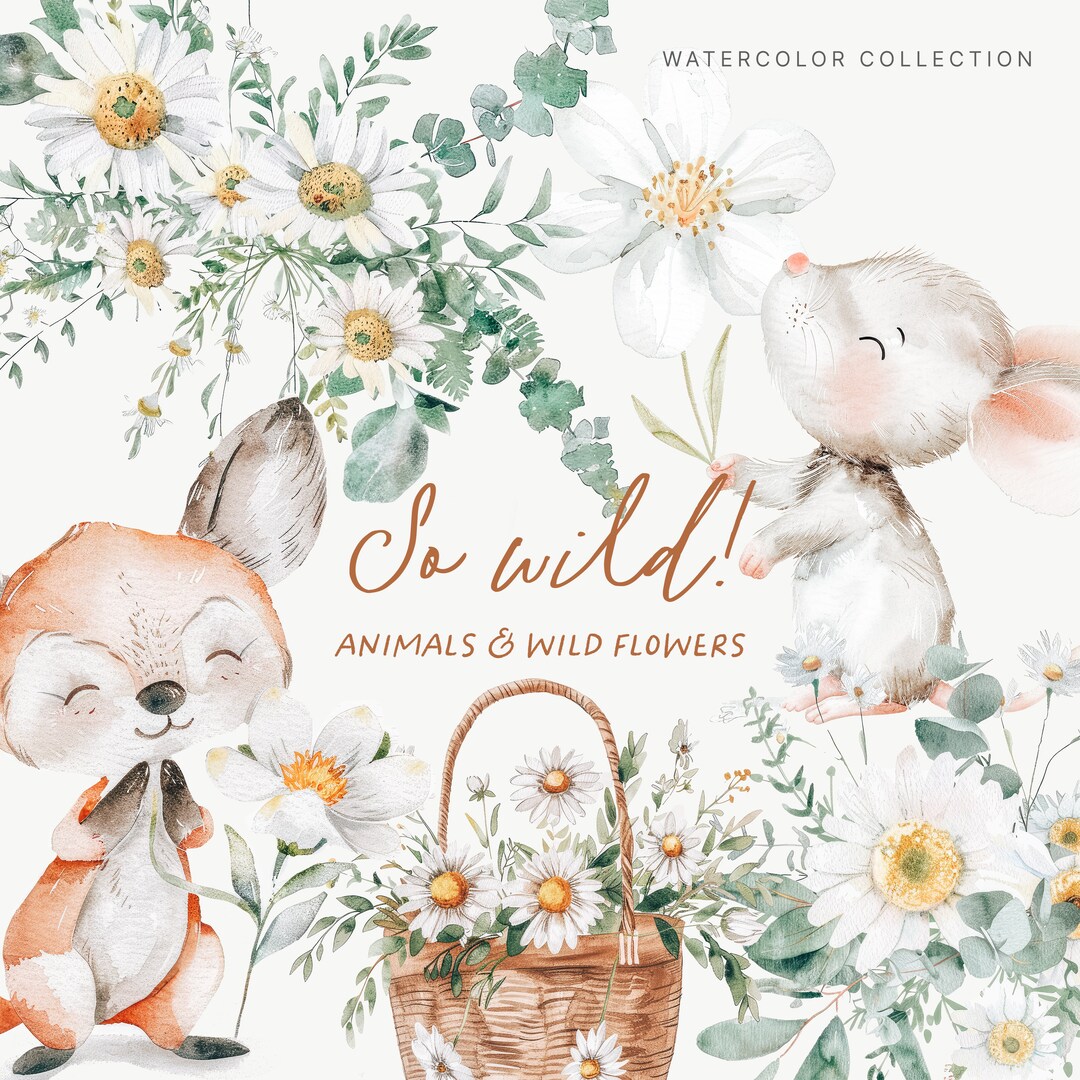 Watercolor Woodland Animals and Wild Flowers Collection - Woodland Set ...