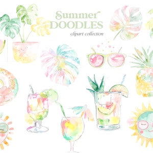 Watercolor Summer Doodle Clipart Set - Summer Collection of Elements ...