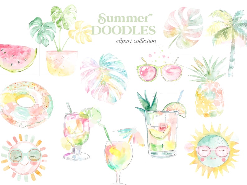 Watercolor Summer Doodle Clipart Set - Summer Collection of Elements ...