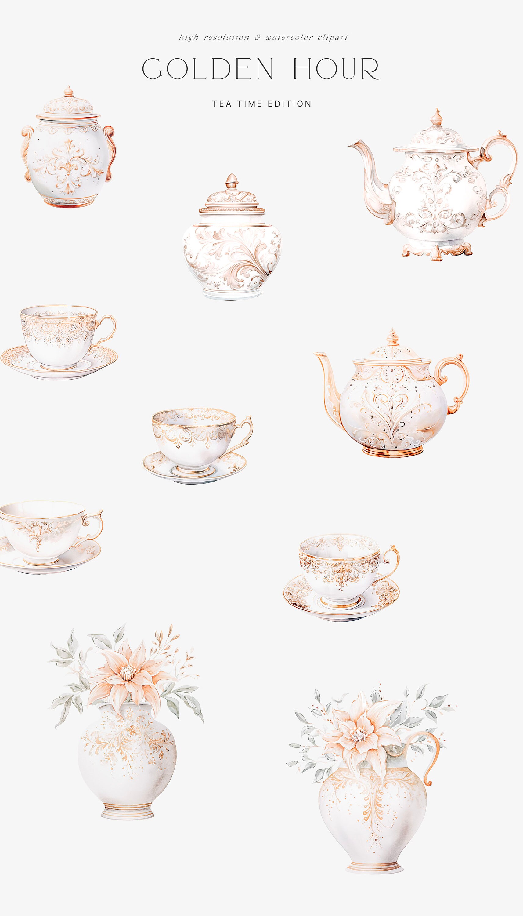 White Tea Time Clipart - Watercolor Clipart - Watercolor Tea Set - Gold ...