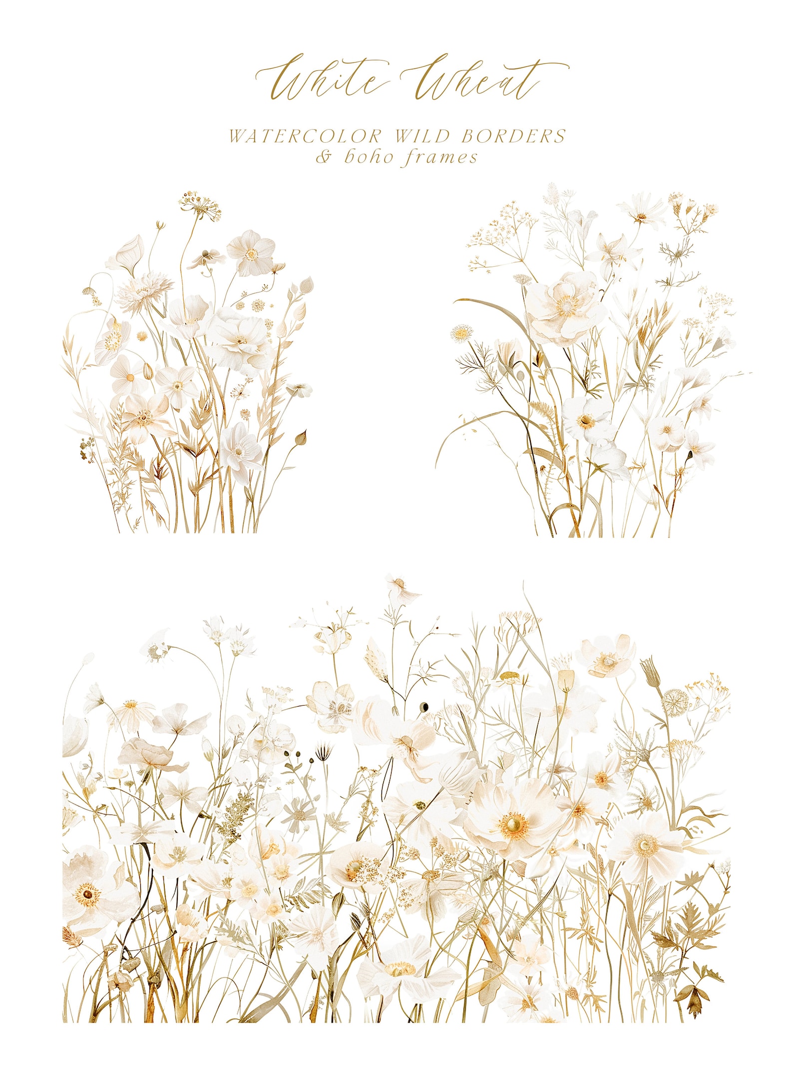 Watercolor Wild Wheat and Wild Flowers - White Wild Flowers - Bohemian ...