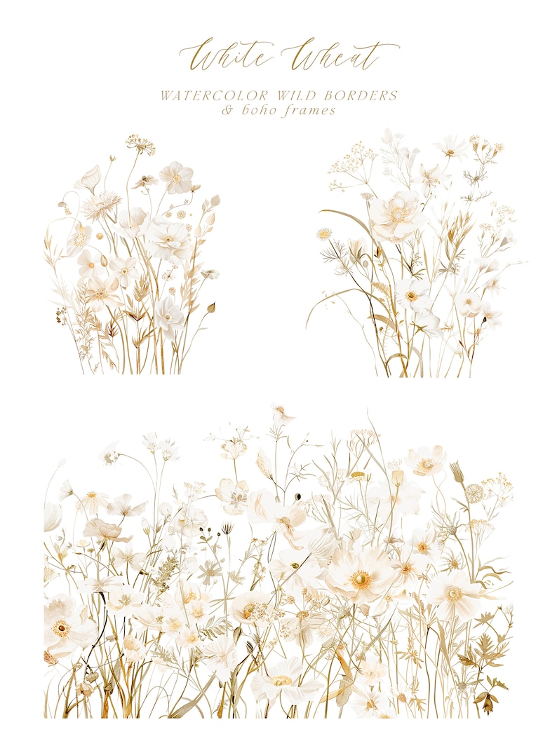 Watercolor Wild Wheat and Wild Flowers - White Wild Flowers - Bohemian ...