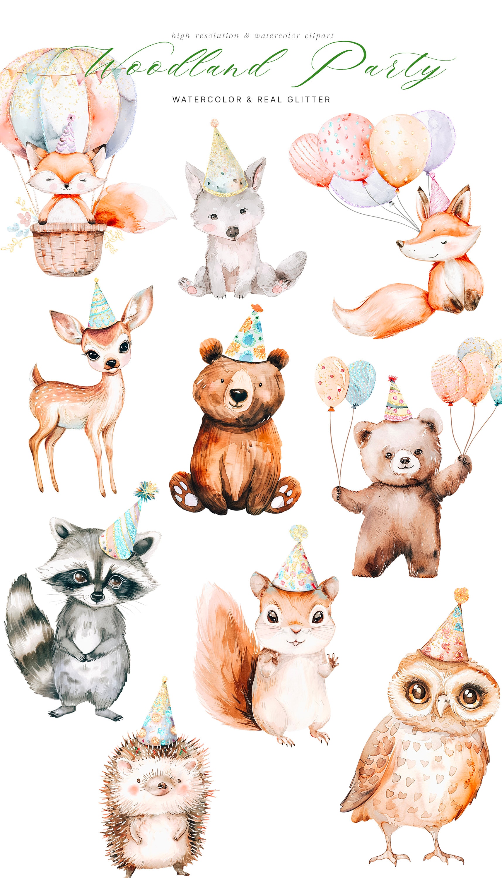 Woodland Party Watercolor Clipart Party Animals Woodland Animals ...