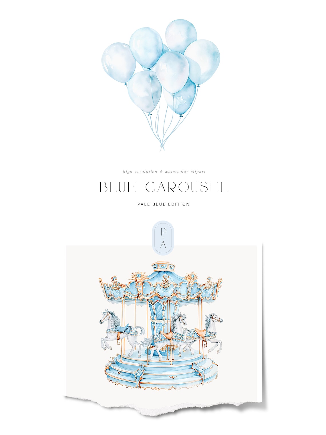 Watercolor Blue Carousel Clipart Pony Clipart Pale Blue Carousel ...