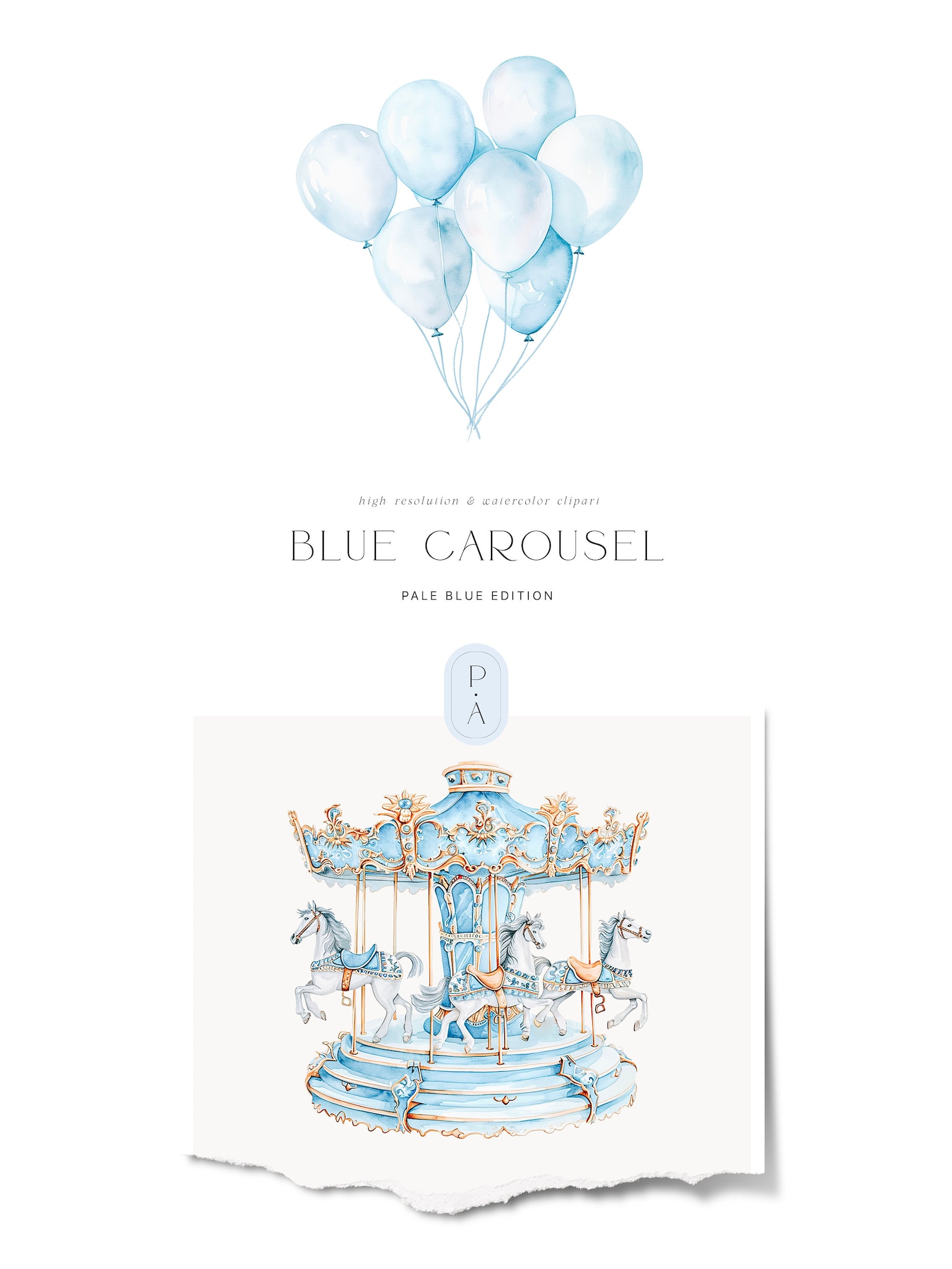 Watercolor Blue Carousel Clipart Pony Clipart Pale Blue Carousel ...