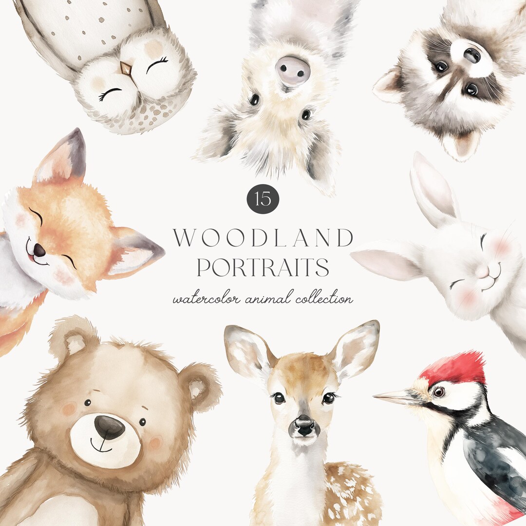 Watercolor Neutral Woodland Animals Portraits Clipart Set for Kids - Etsy