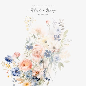 Blush Navy Floral Clipart - Watercolor Flowers - Blush Flowers - Navy ...