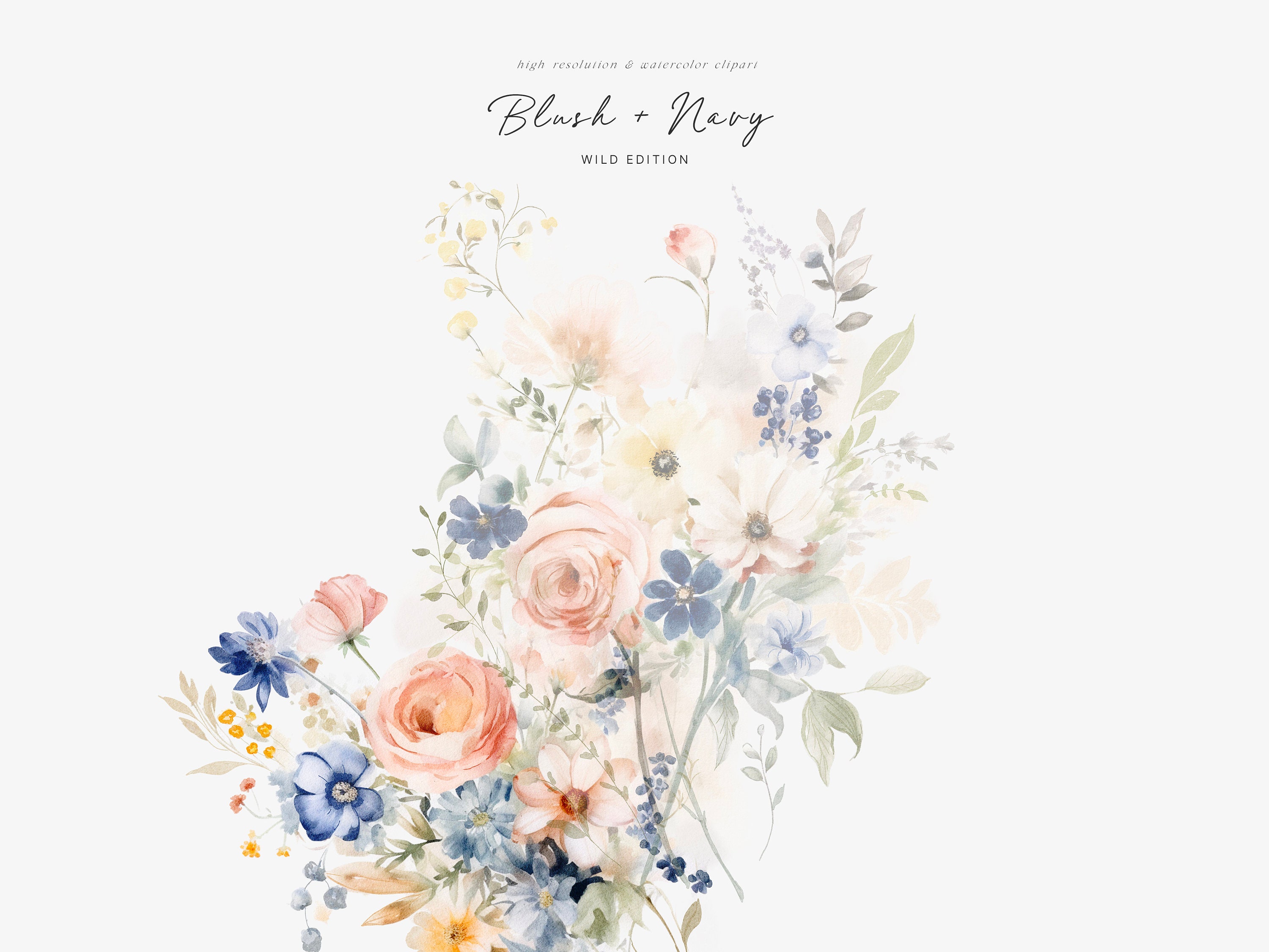 Blush Navy Floral Clipart Watercolor Flowers Blush Flowers Navy Flowers ...