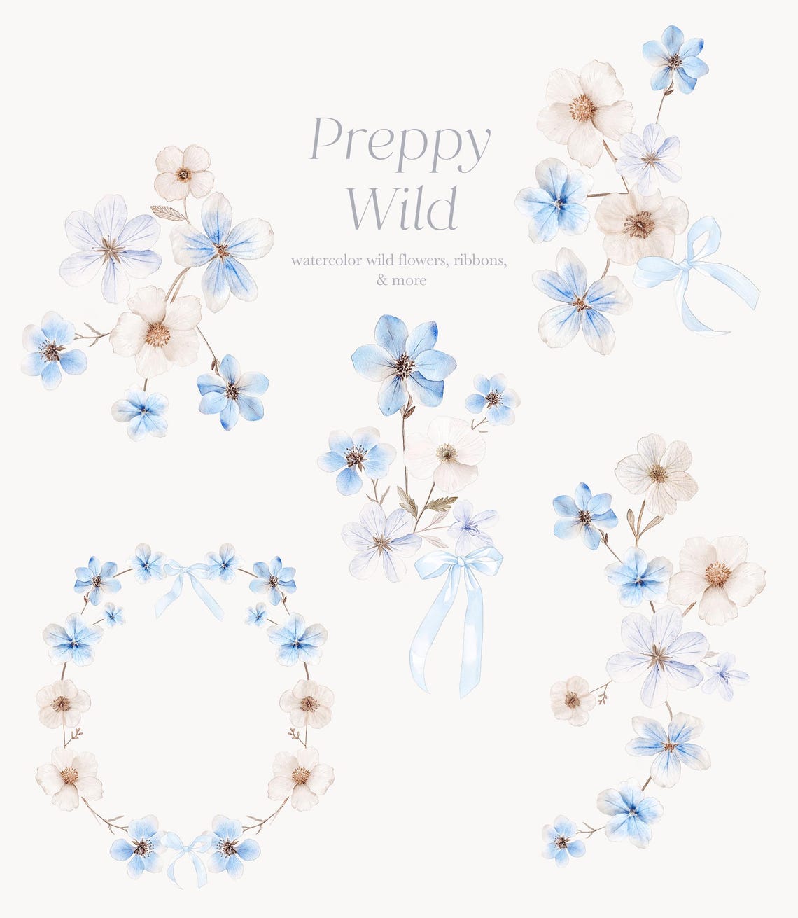 Preppy Blue Floral Clipart Collection - Preppy Flowers - Preppy Frames ...