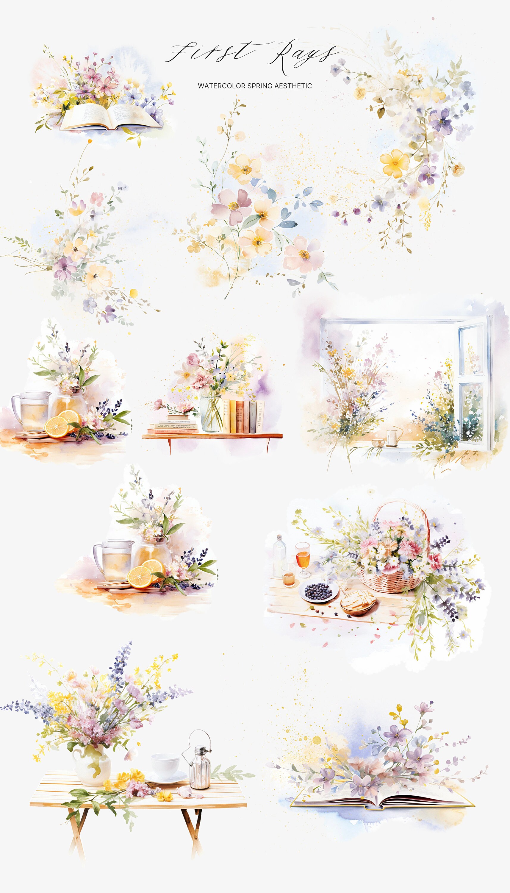 Romantic Spring Reading Clipart Set Watercolor Spring Aesthetics Spring ...