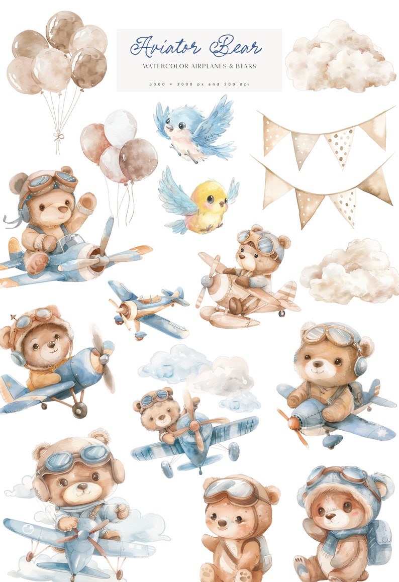 Cute Aviator Bear Clipart - Airplanes & Bears - Watercolor Bears - Cute ...